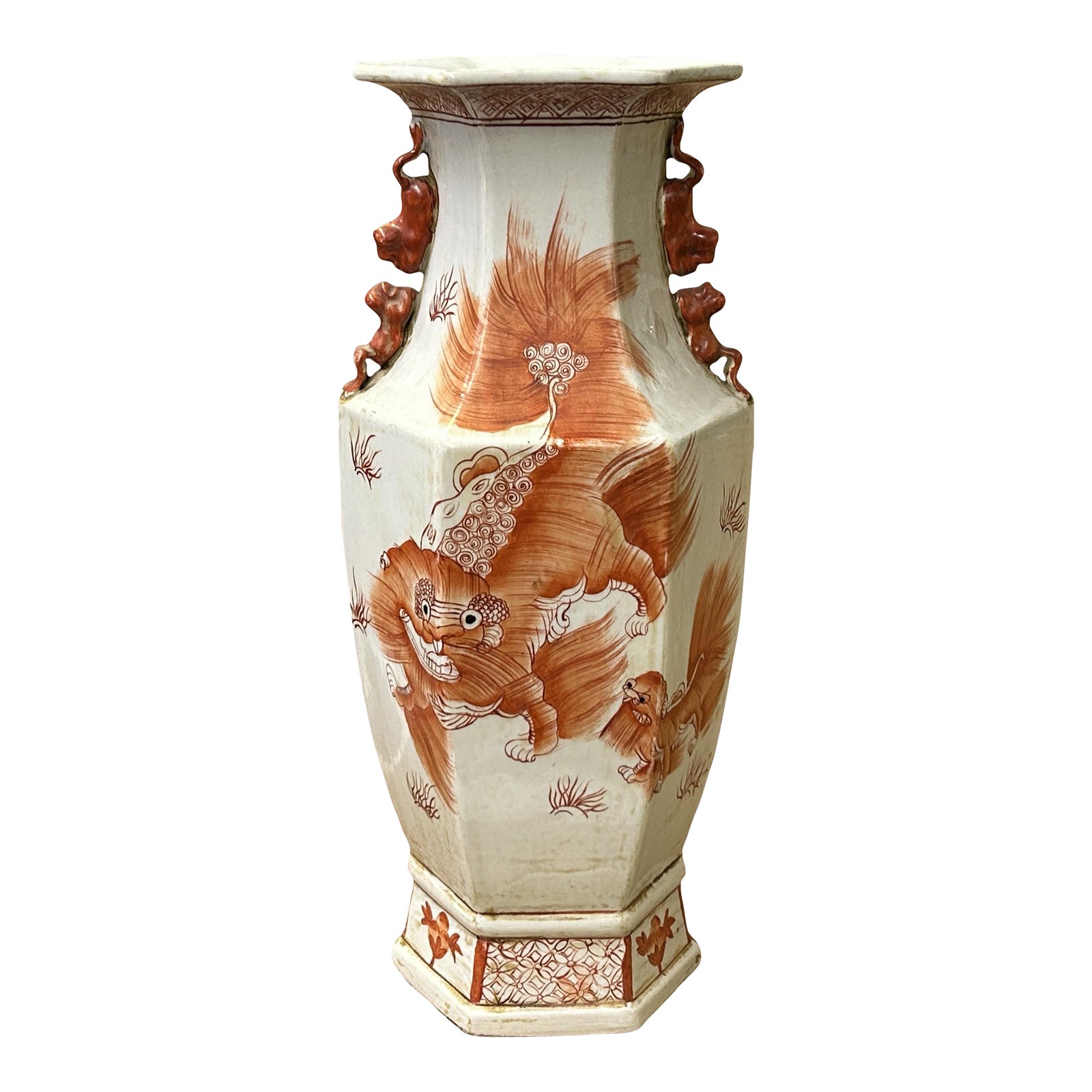 Oriental Vintage White Base Orange Foo Dog Lion Graphic Porcelain Vase ...
