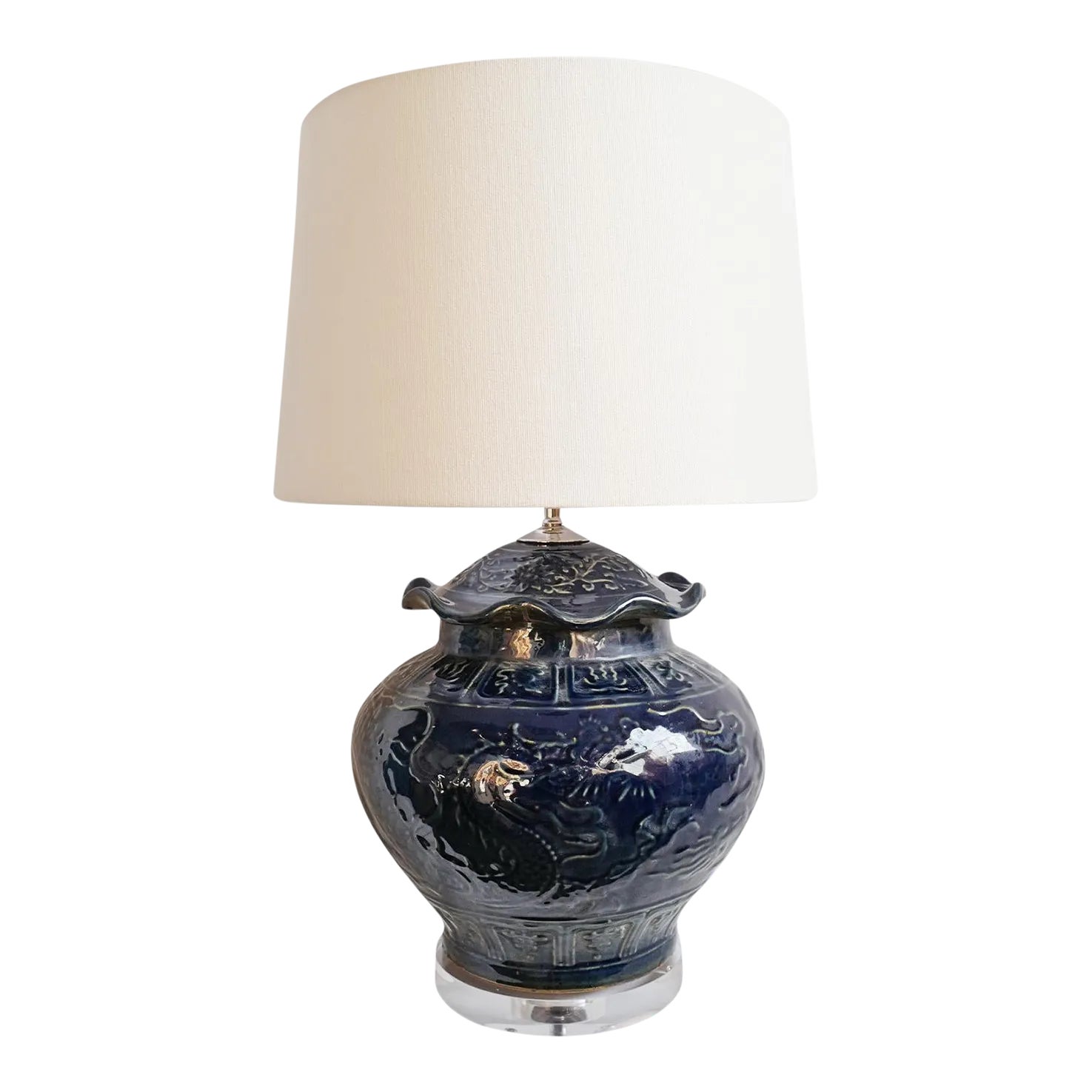 Vintage Mid 20th Century Indigo Ceramic Ming Table Lamp | Chairish