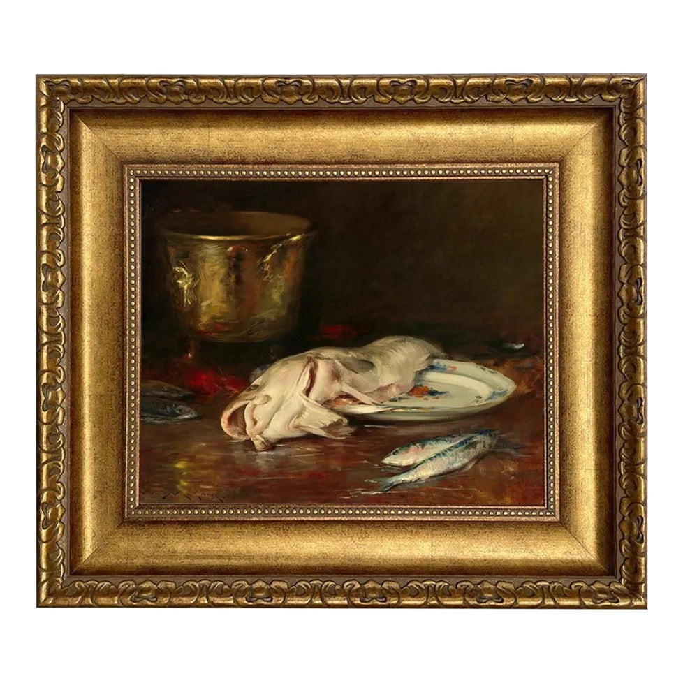 English Cod Still Life Print on Canvas in Wide Antiqued Gold Frame ...