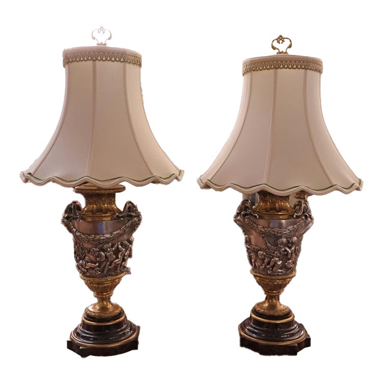 Pair of 19th Century Marble & Silvered Bronze French Bacchus Lamps ...