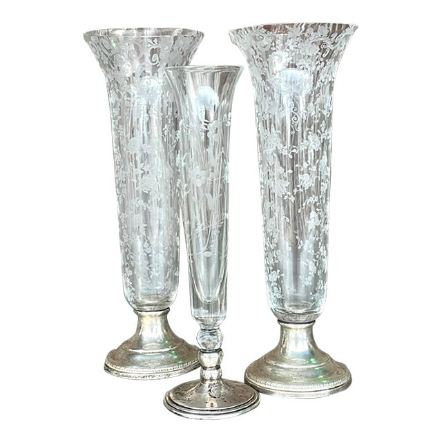 Vintage Regency Sterling Silver and Etched Glass Vases - Set of 3 ...