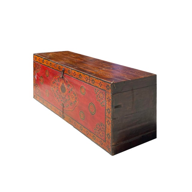 Chinese Tibetan Orange Red Yellow Flowers Graphic Wood Trunk Table ...