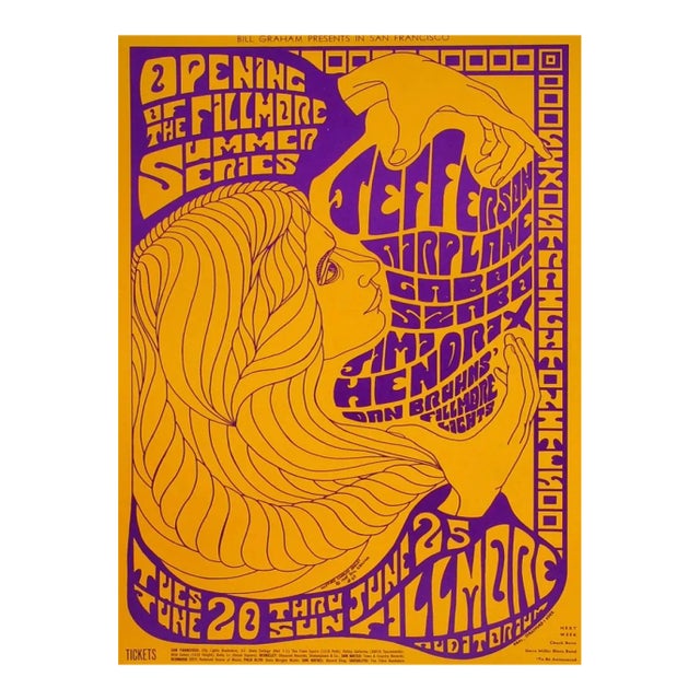 1967 Jefferson Airplane Jimi Hendrix Fillmore Auditorium Poster | Chairish