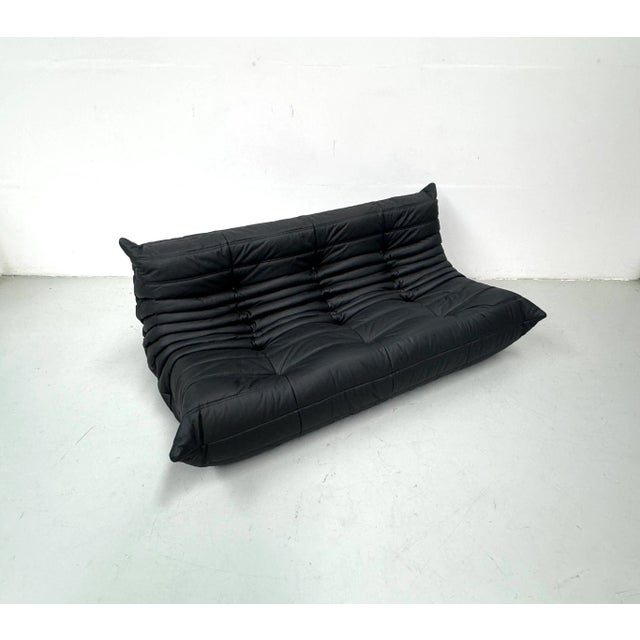 French Togo 3 Seater Sofa in Matt Black Leather by Michel Ducaroy for Ligne Roset Chairish