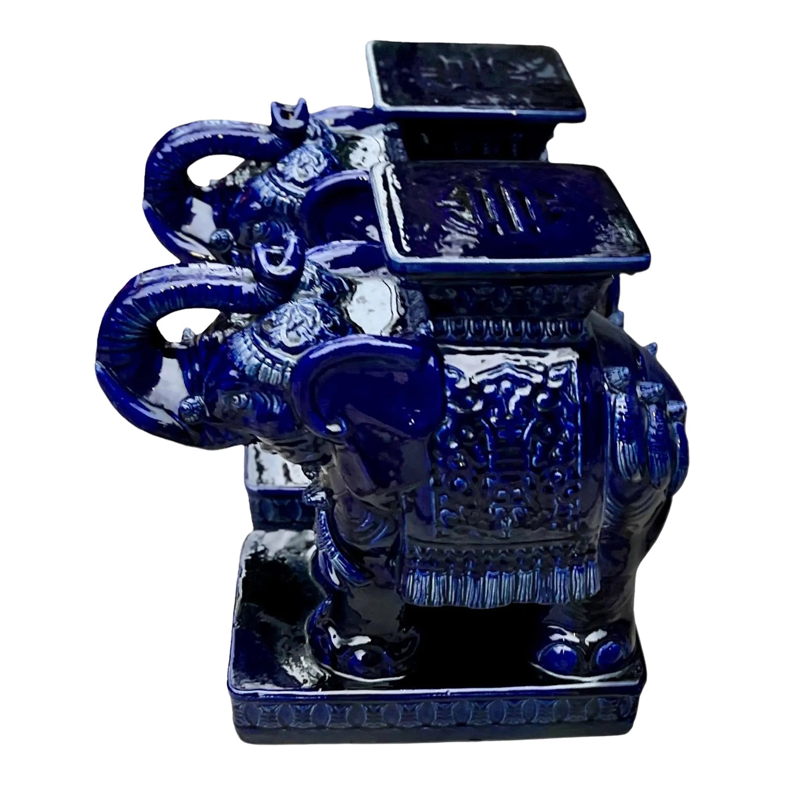 Pair of 1960s Cobalt Blue Ceramic Elephant Stools | Chairish