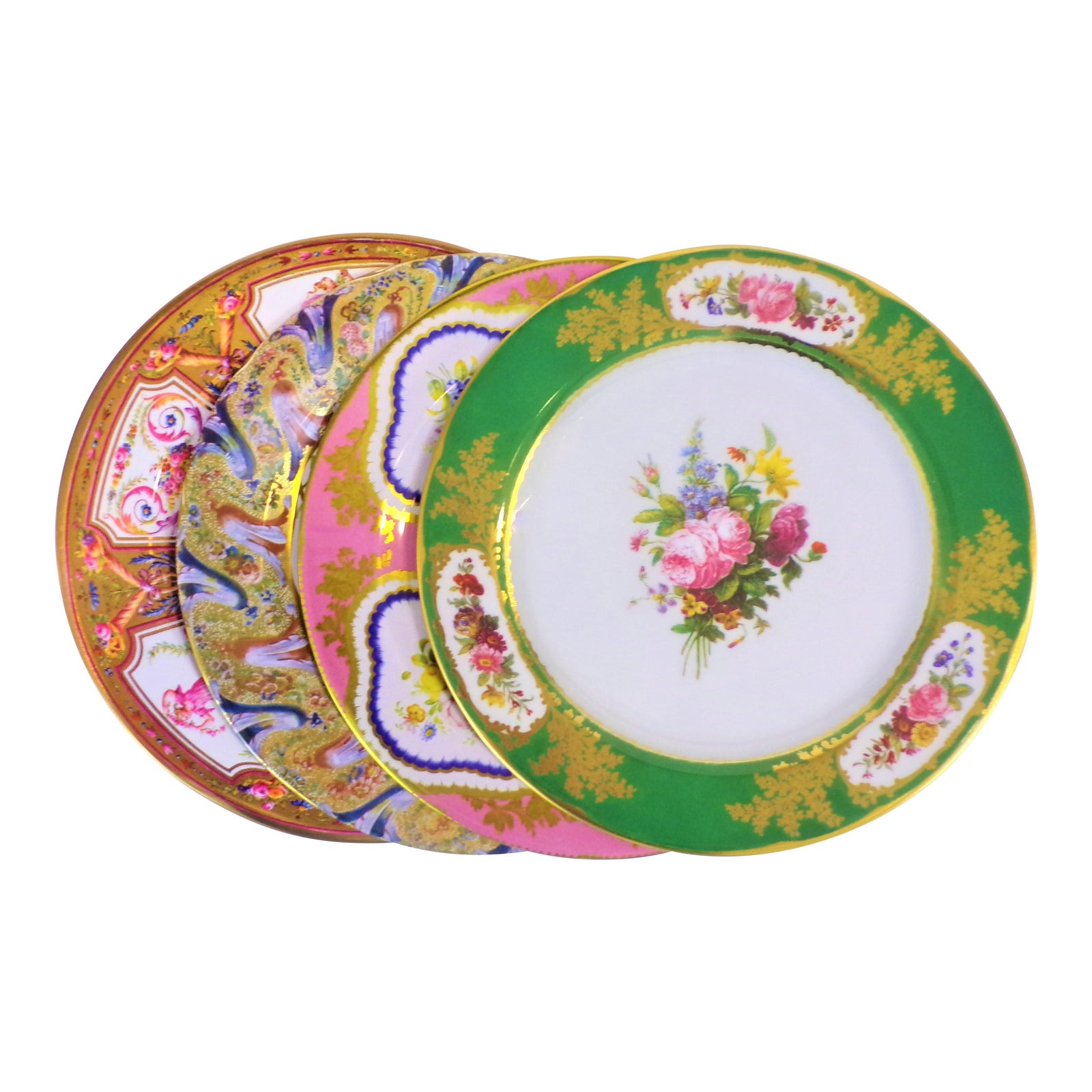 Enameled Pink and Green Tin English Plates - Set of 4 | Chairish