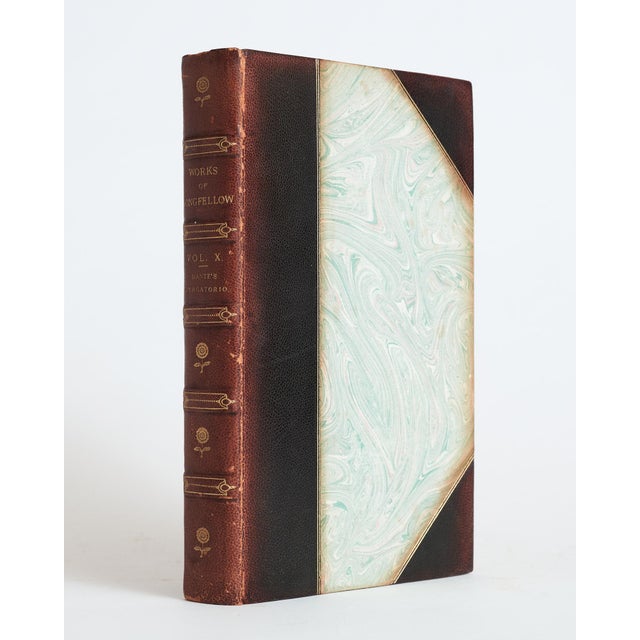 Antique Works of Longfellow Brown Leather-Bound Books - Set of 7 | Chairish