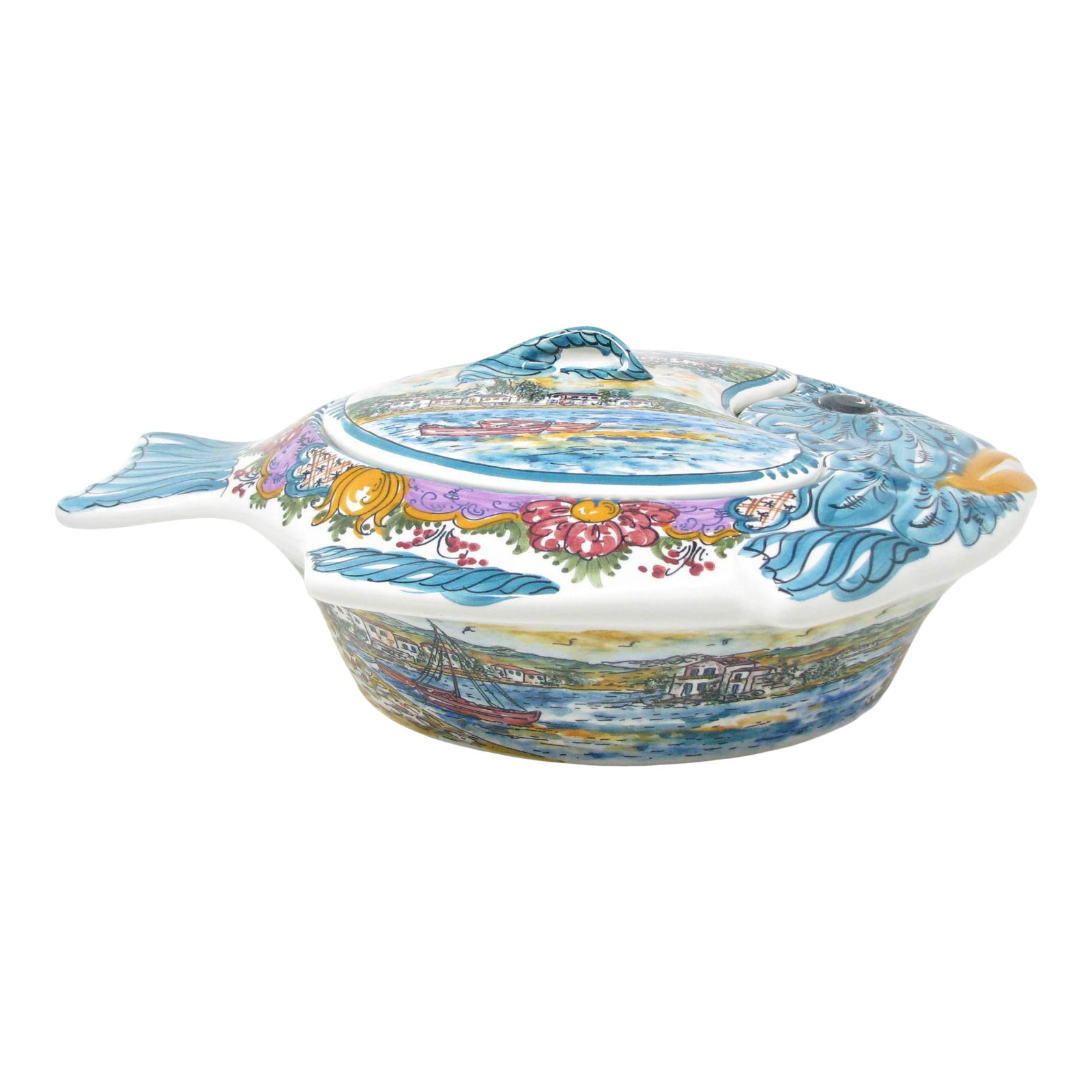 Vintage Hand-Painted Lidded Fish Shaped Ceramic Serving Dish / Bowl ...
