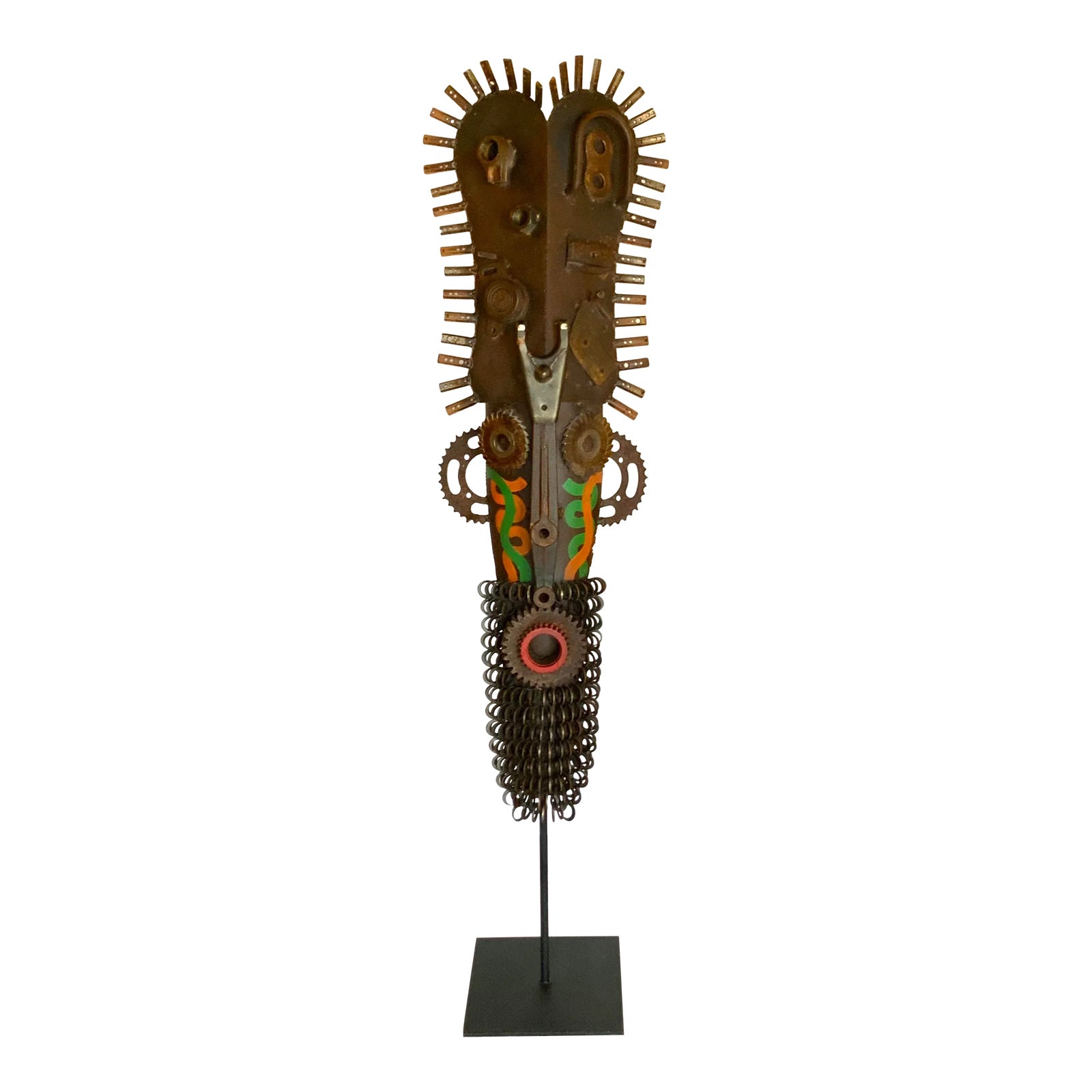 Stylish Industrial Modern Tall Abstract Mask Sculpture on Stand | Chairish