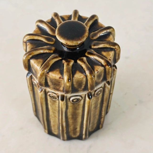 Mid-Century Pottery Lidded Crown Jar in Green Ochre Glaze | Chairish