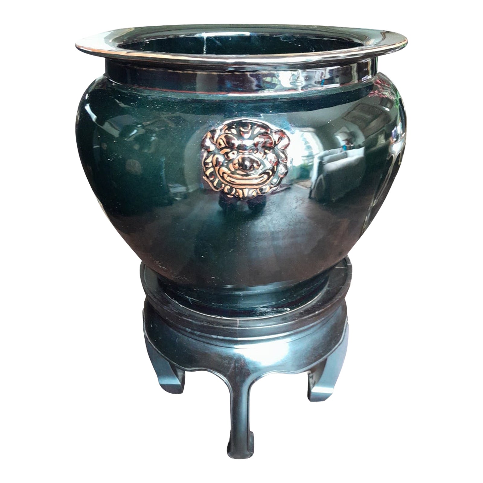 Large Black Ceramic Foo Lion Fish Bowl Planter on Stand | Chairish