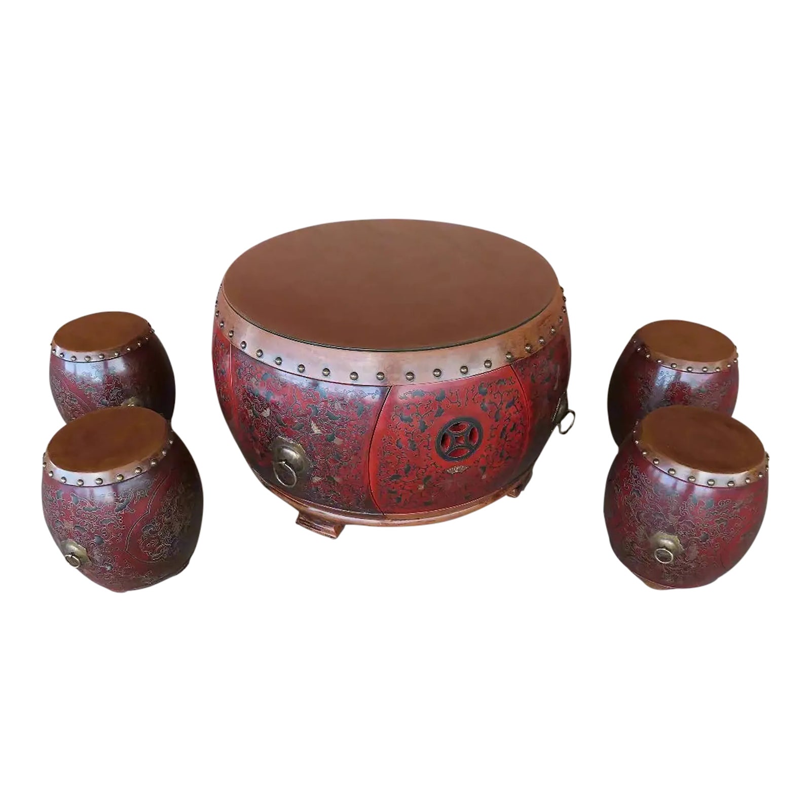 Chinese Qing Red and Brown Coromandel Sake Barrel Drum Table and Stools ...