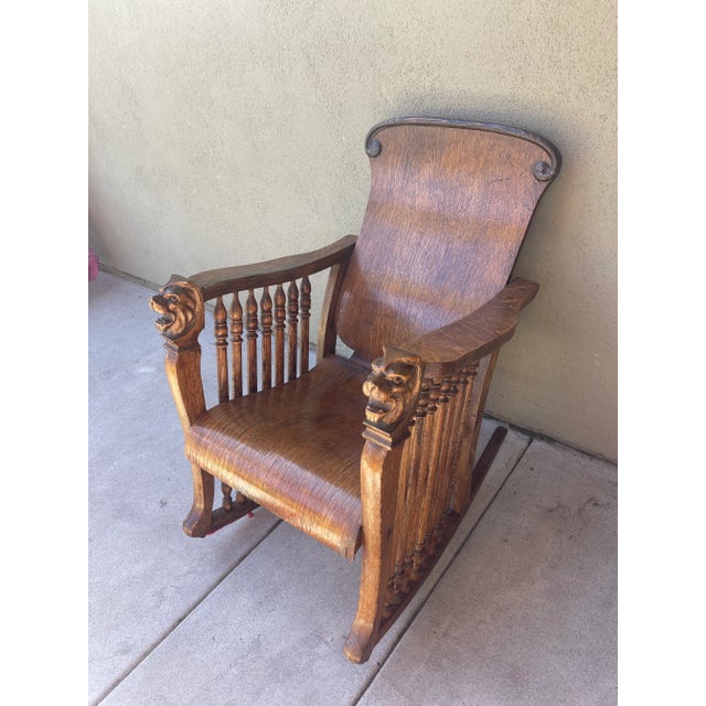 Early 20th Century Antique Oak Lion Rocking Chair | Chairish
