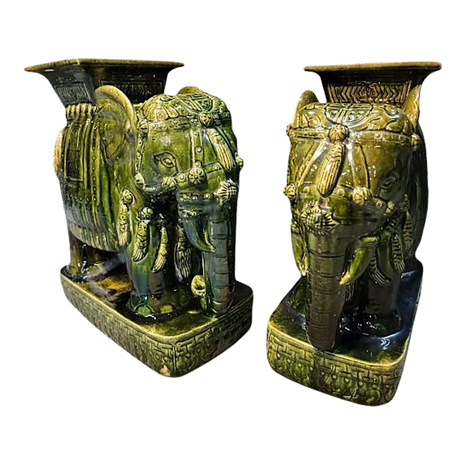 1950s Asian Green Ceramic Elephants - Set of 2 | Chairish