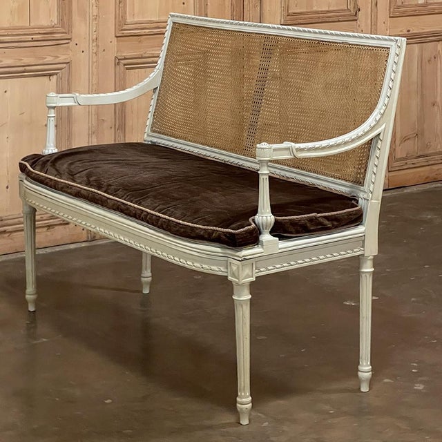 19th Century French Louis XVI Painted Canape With Cane & Cushion | Chairish