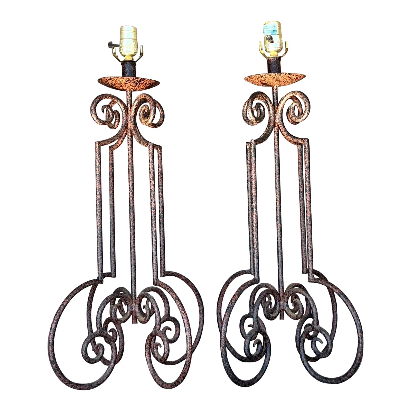 Vintage Boho Scroll Metal Column Lamps - a Pair | Chairish