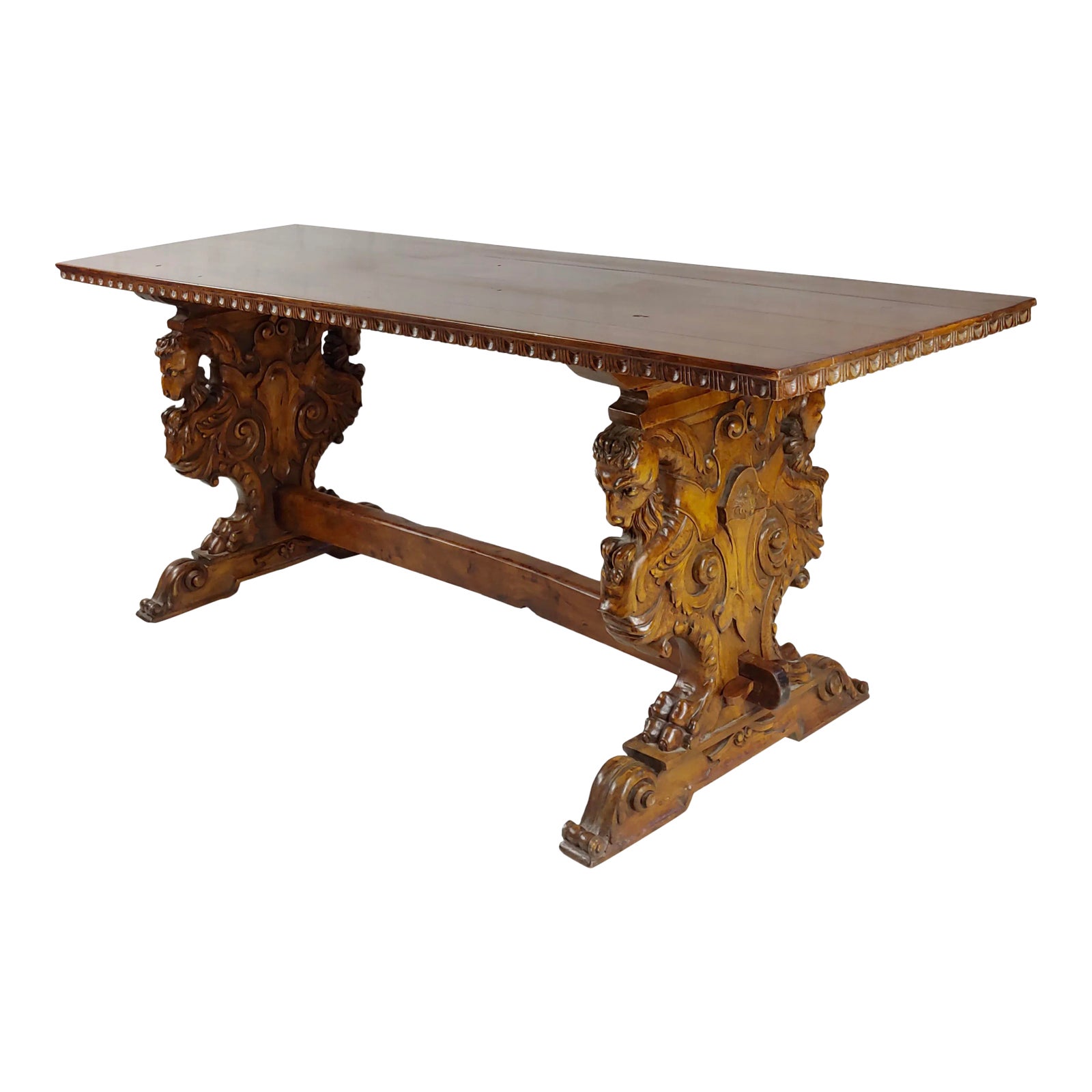 19th Century Highly Carved Ram Trestle Table | Chairish