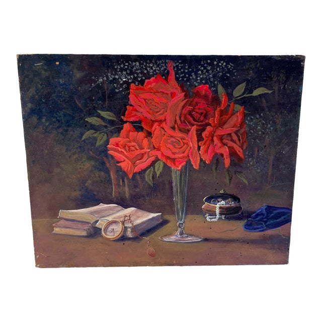 Early 20th Century Red Roses Still Life Oil Painting | Chairish