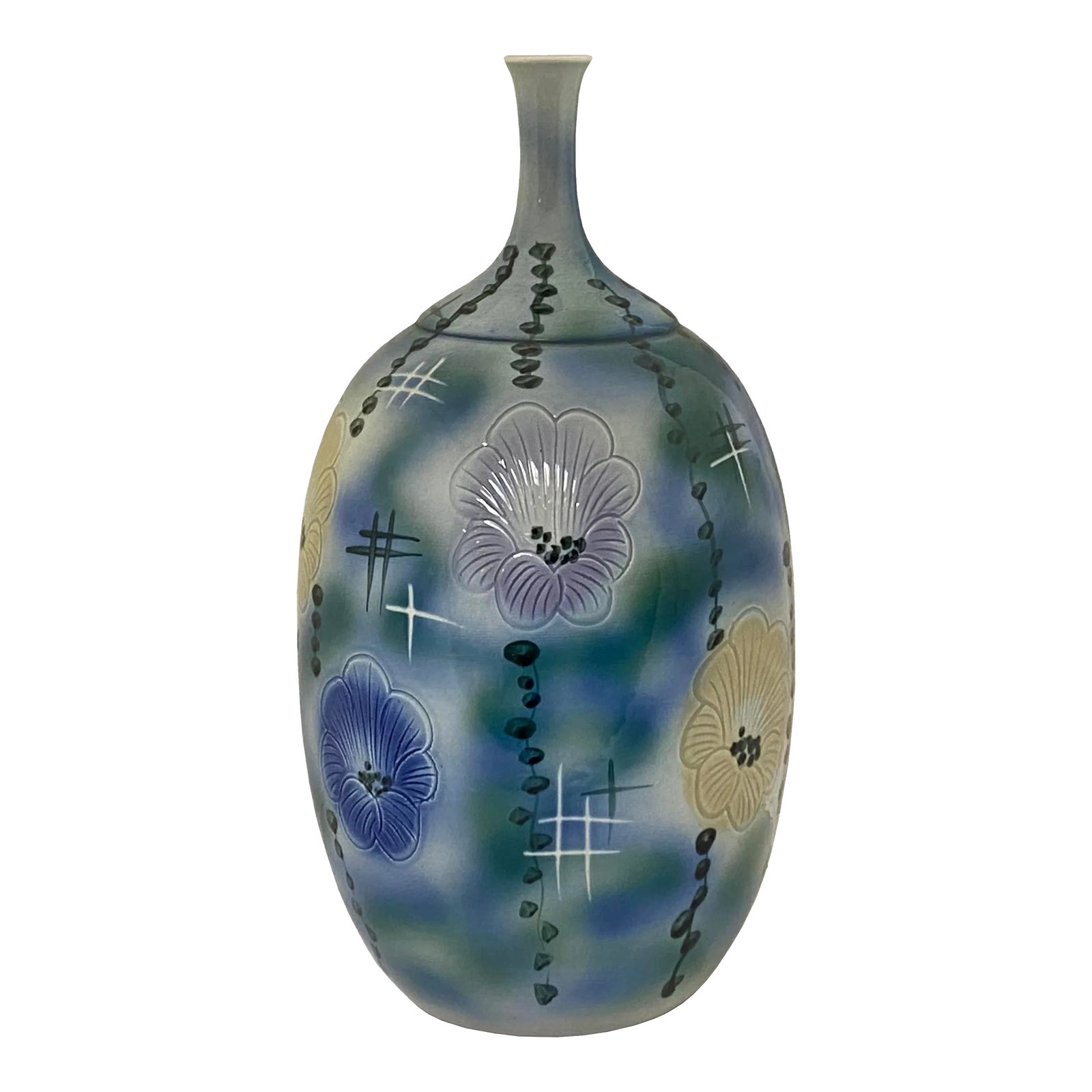 Artistic Pastel Flower Pattern Porcelain Round Long Narrow Mouth Vase ...