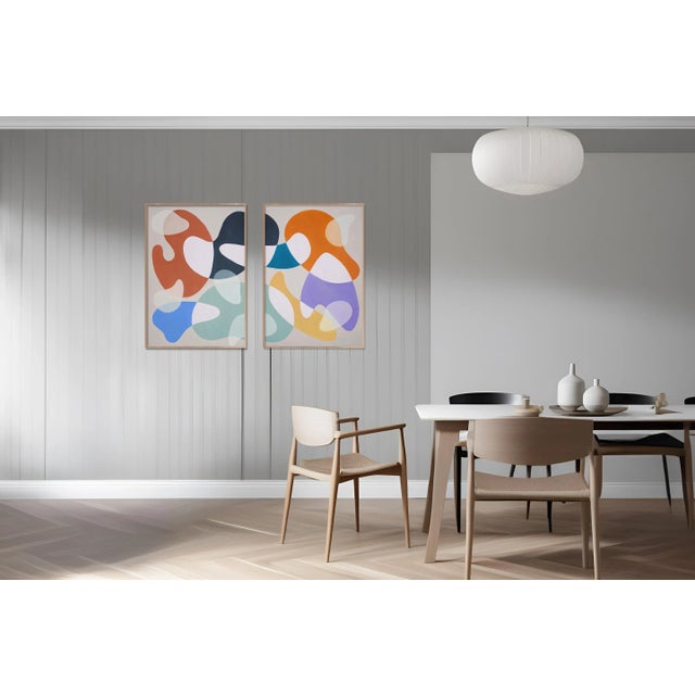 2024, Mid-Century Shapes Diptych of "Pastel Palette Curves", Acrylic Painting on Watercolor ...