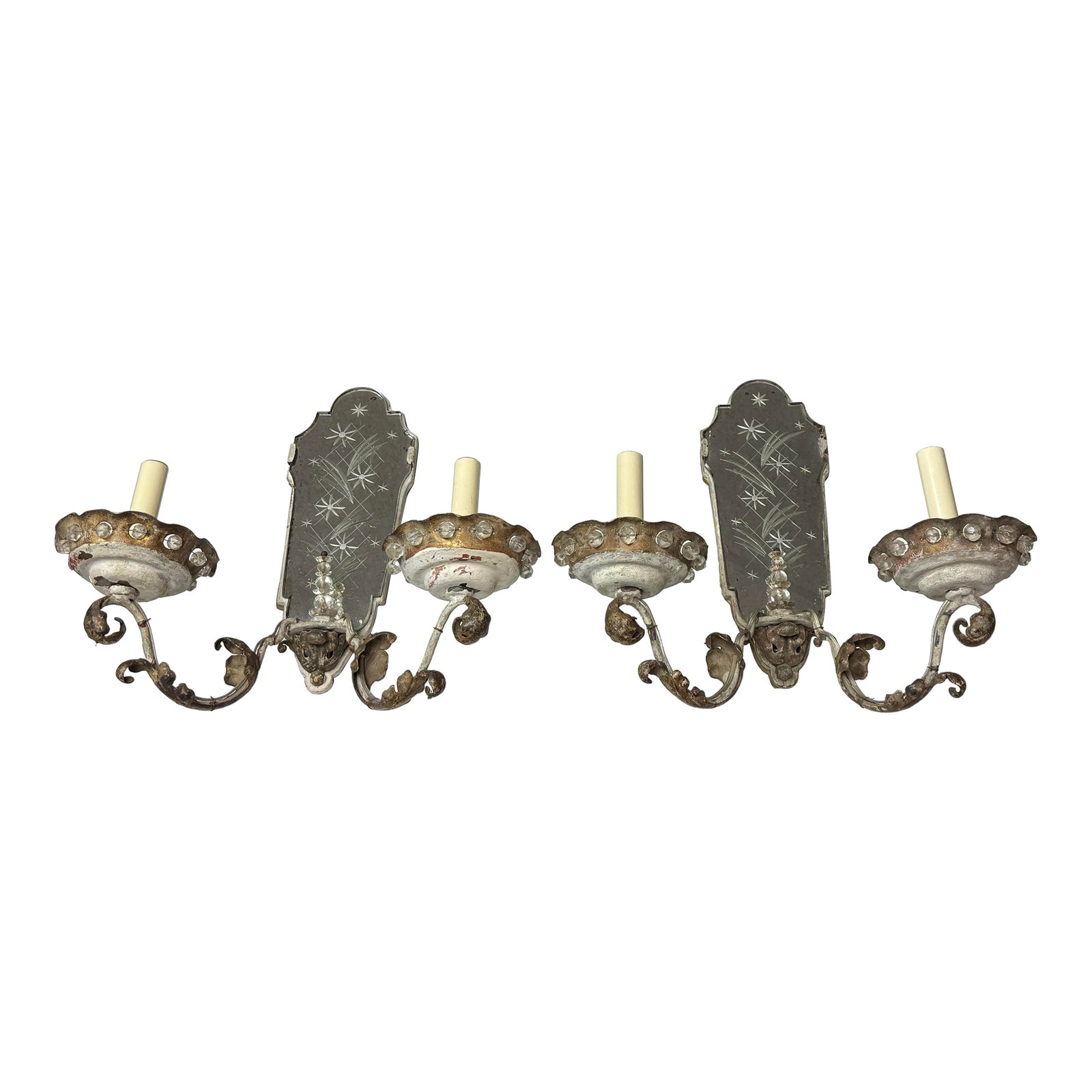 Antique Early 20th Century Etched Mirror Dual Arm Wall Sconces, Pair ...