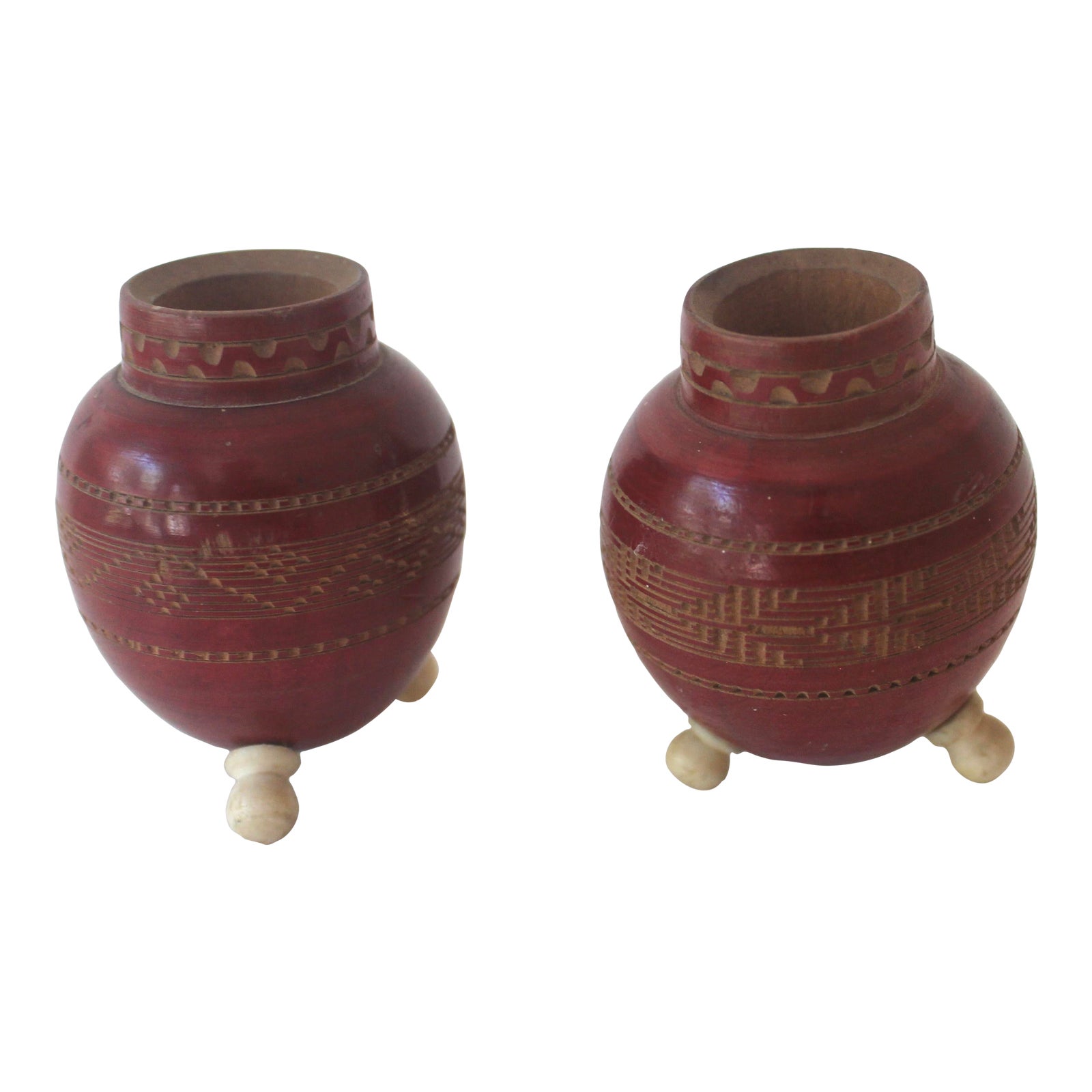 Mid 20th Century Small Red Etched Carved Wood Folk Art Candle Holders ...