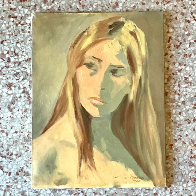 Vintage Boho Italian 1960s Original Oil Portrait on Canvas | Chairish