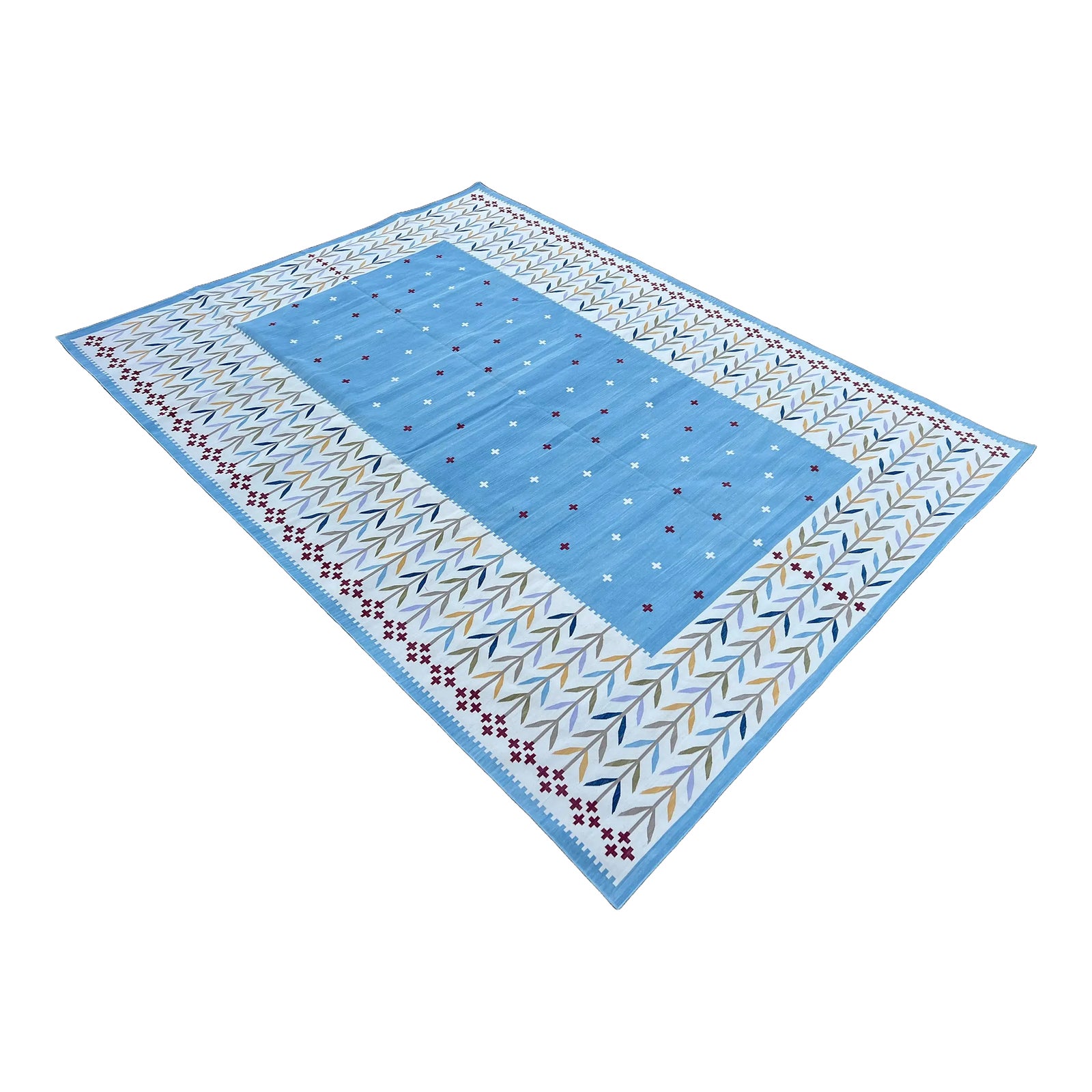 Handmade Cotton Rug, Natural Vegetable Dyed Cream, Blue, Beige and Red ...