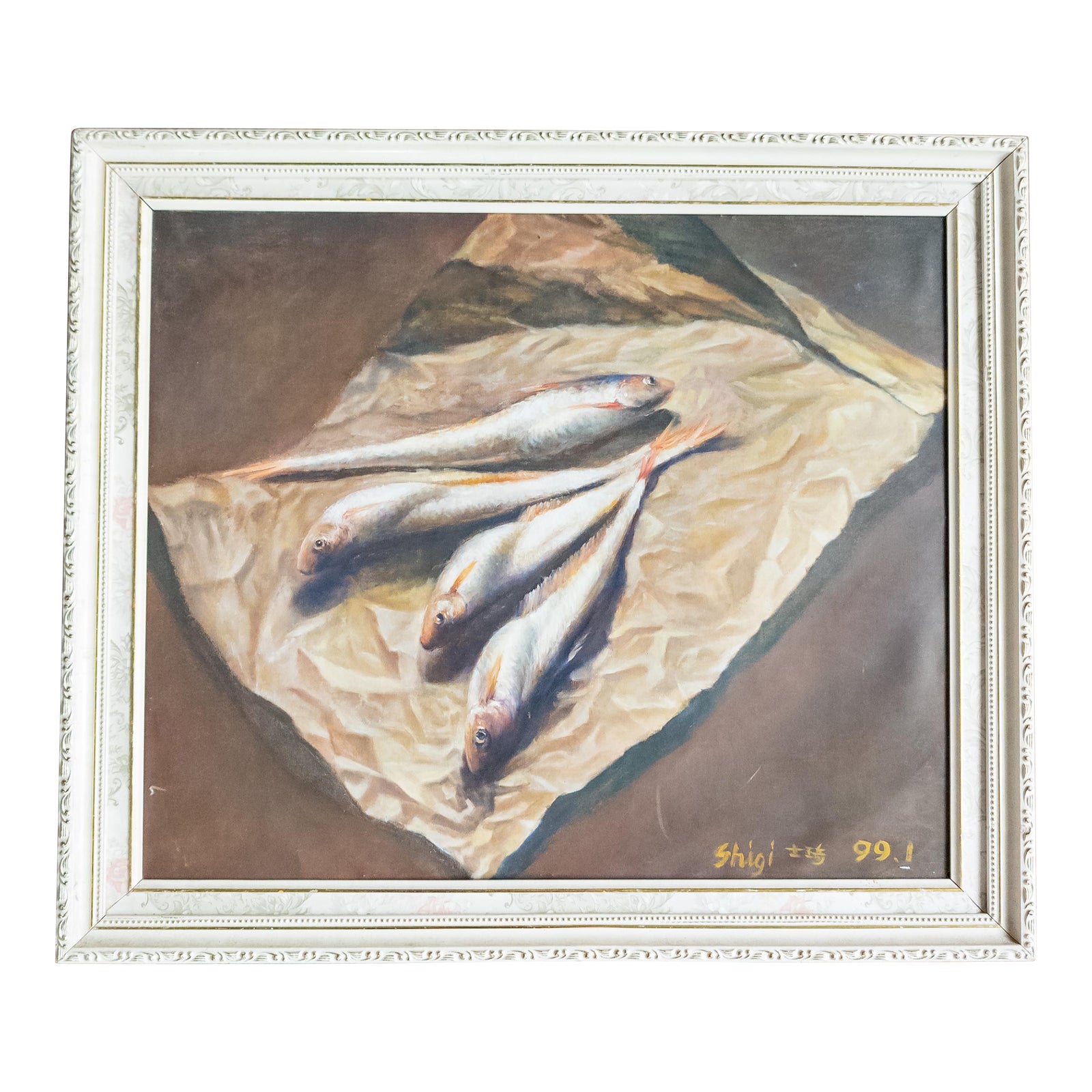 1990's Oil on Canvas Still Life of Fish From the Market, Signed Shigi ...