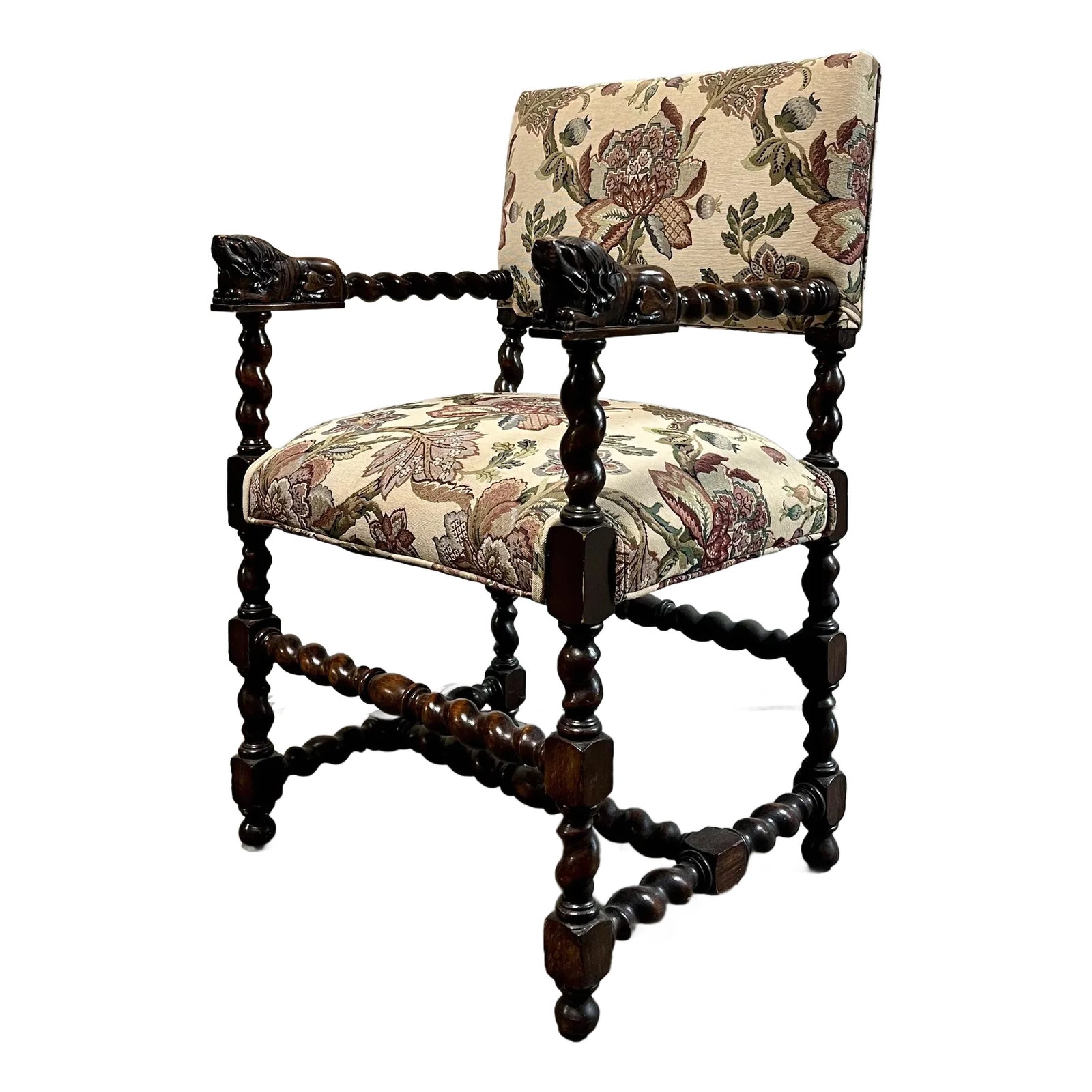 Country Chair With Barley Twist Arms Recumbent Lions | Chairish
