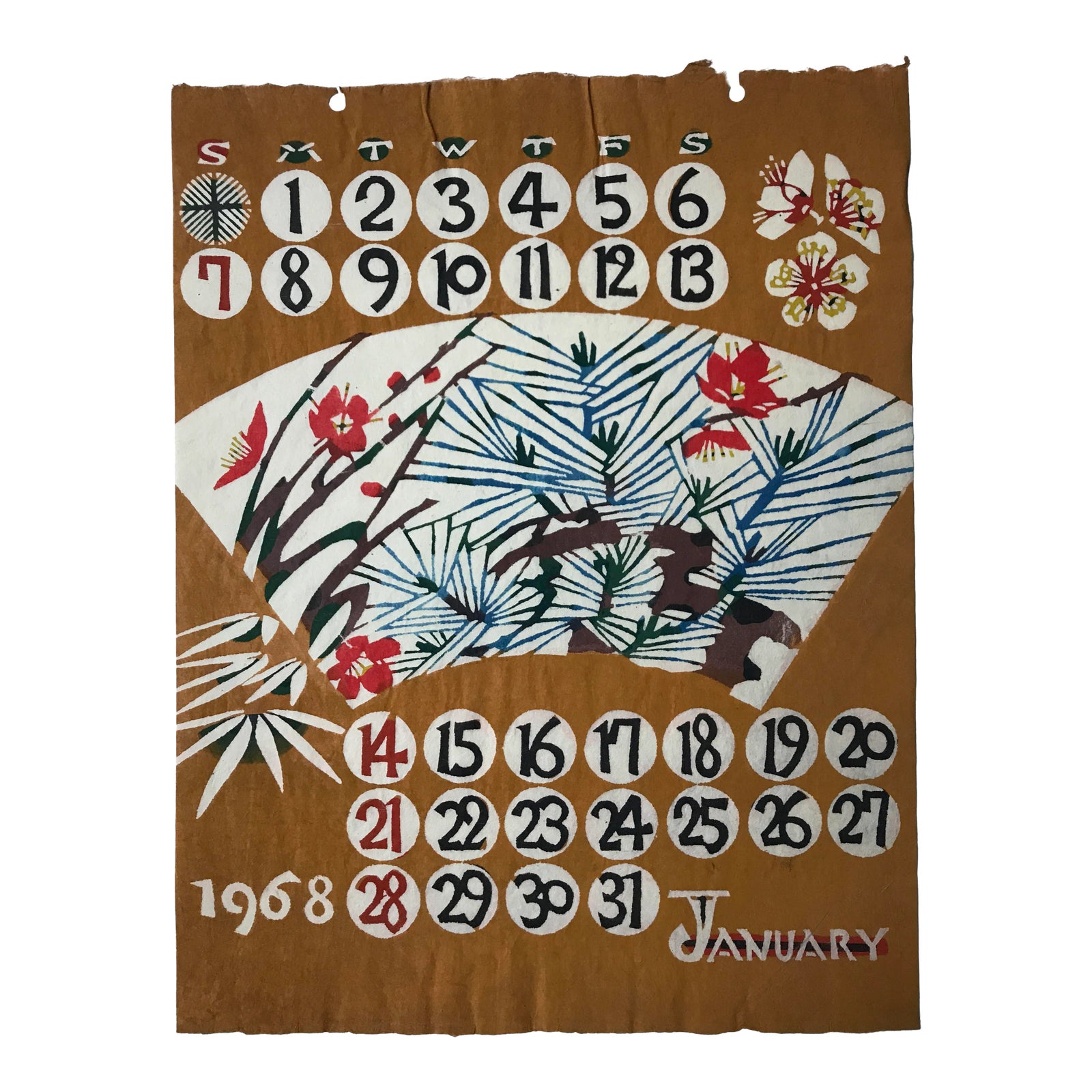 Vintage Japanese Hand Stenciled Wall Art Calendar Print January | Chairish