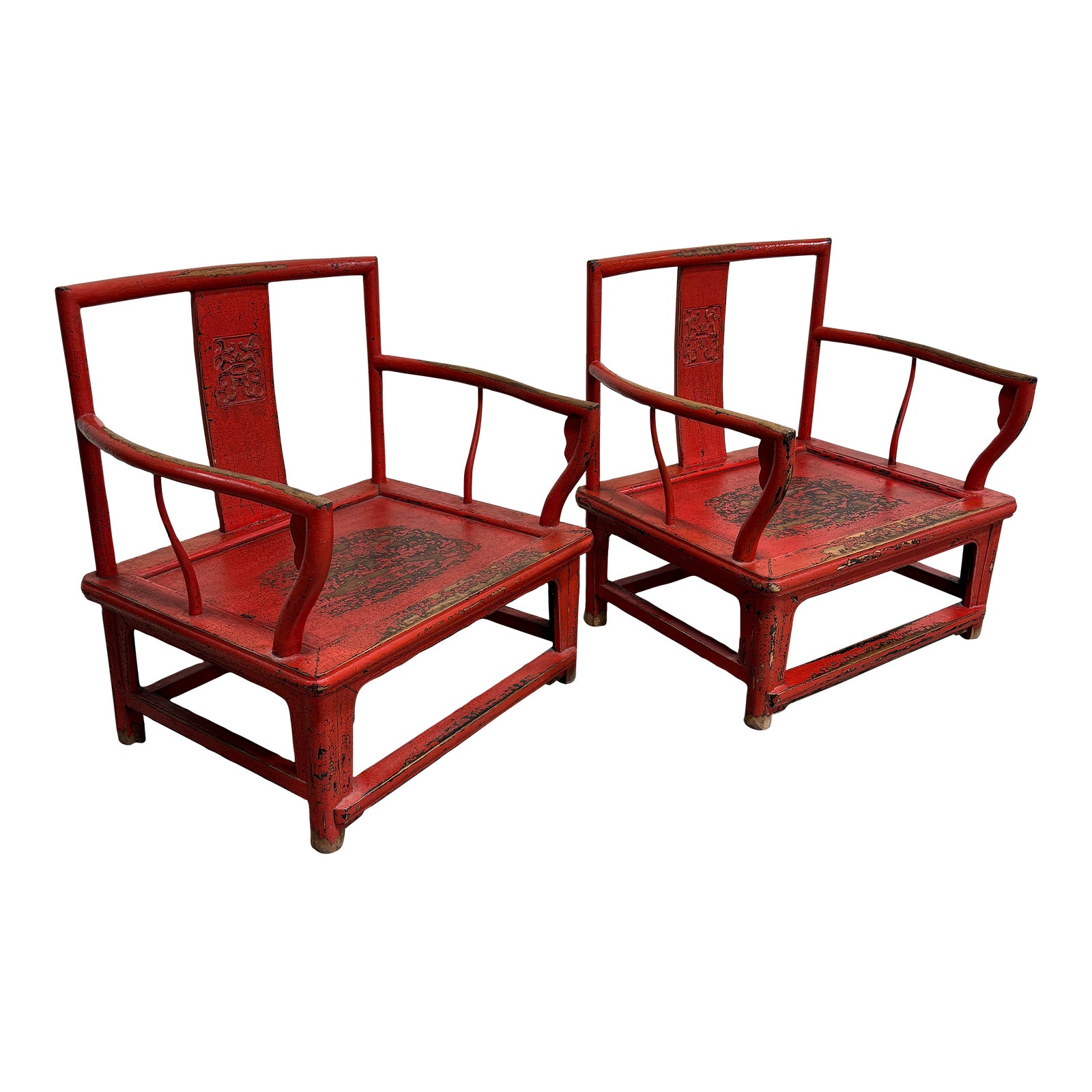 Vintage Chinese Red Low Ming Horse Shoe Chairs - a Pair | Chairish