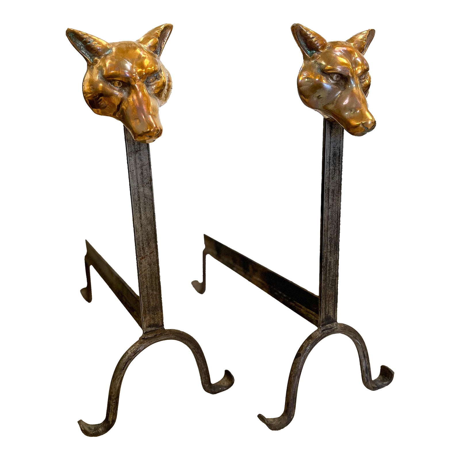 1920s Wrought Iron and Bronze Fox Head Andirons - a Pair | Chairish