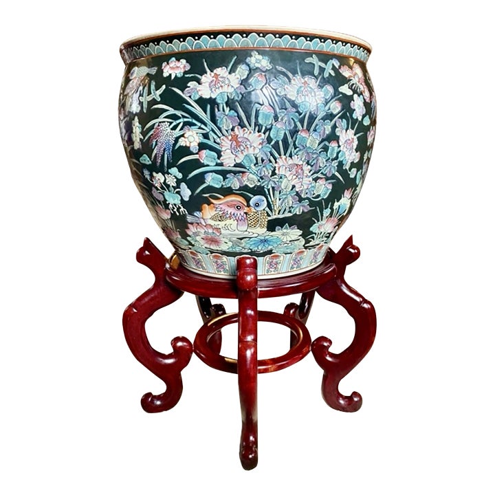 1970s Large Chinese Planter Jardiniere With Koi on Wooden Stand | Chairish