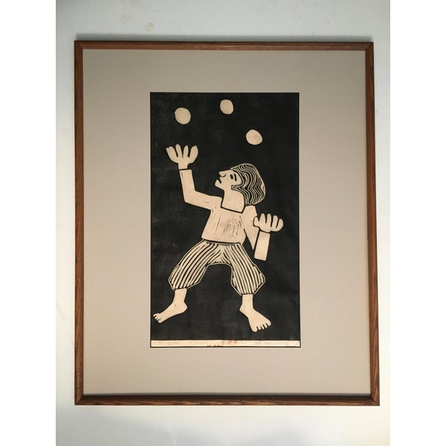 1972 "The Juggler" Figurative Abstract Linocut, Framed | Chairish