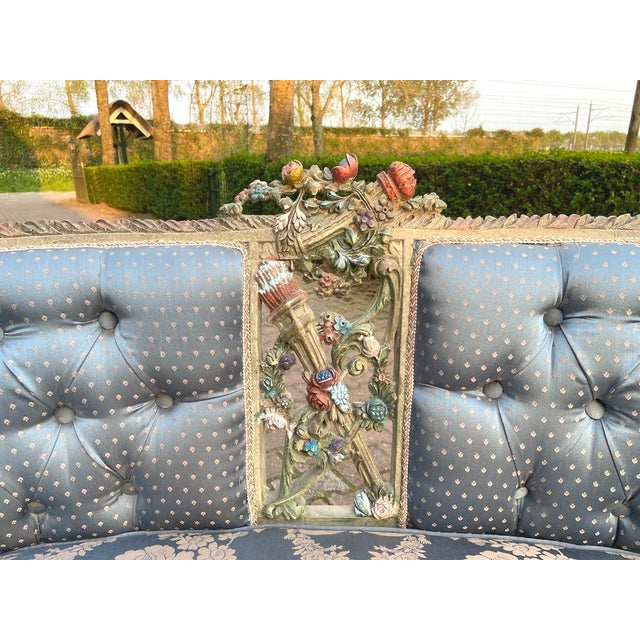 Vintage French Louis XVI Corbeille Settee With Blue Damask Upholstery ...