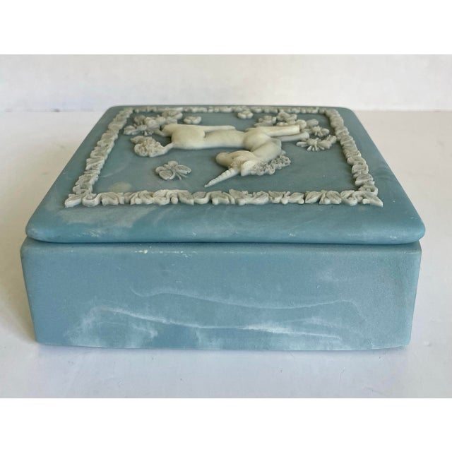 Vintage Unicorn Incolay Blue and White Lidded Trinket Catchall Box ...