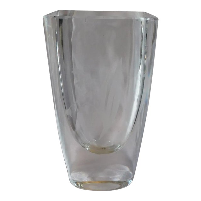 1970s Orrefors Signed Thick Crystal Vase With Etched Flower | Chairish