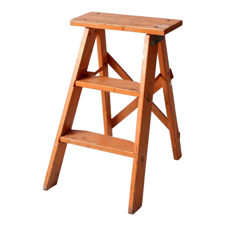 Vintage Orange Wooden Step Ladder | Chairish