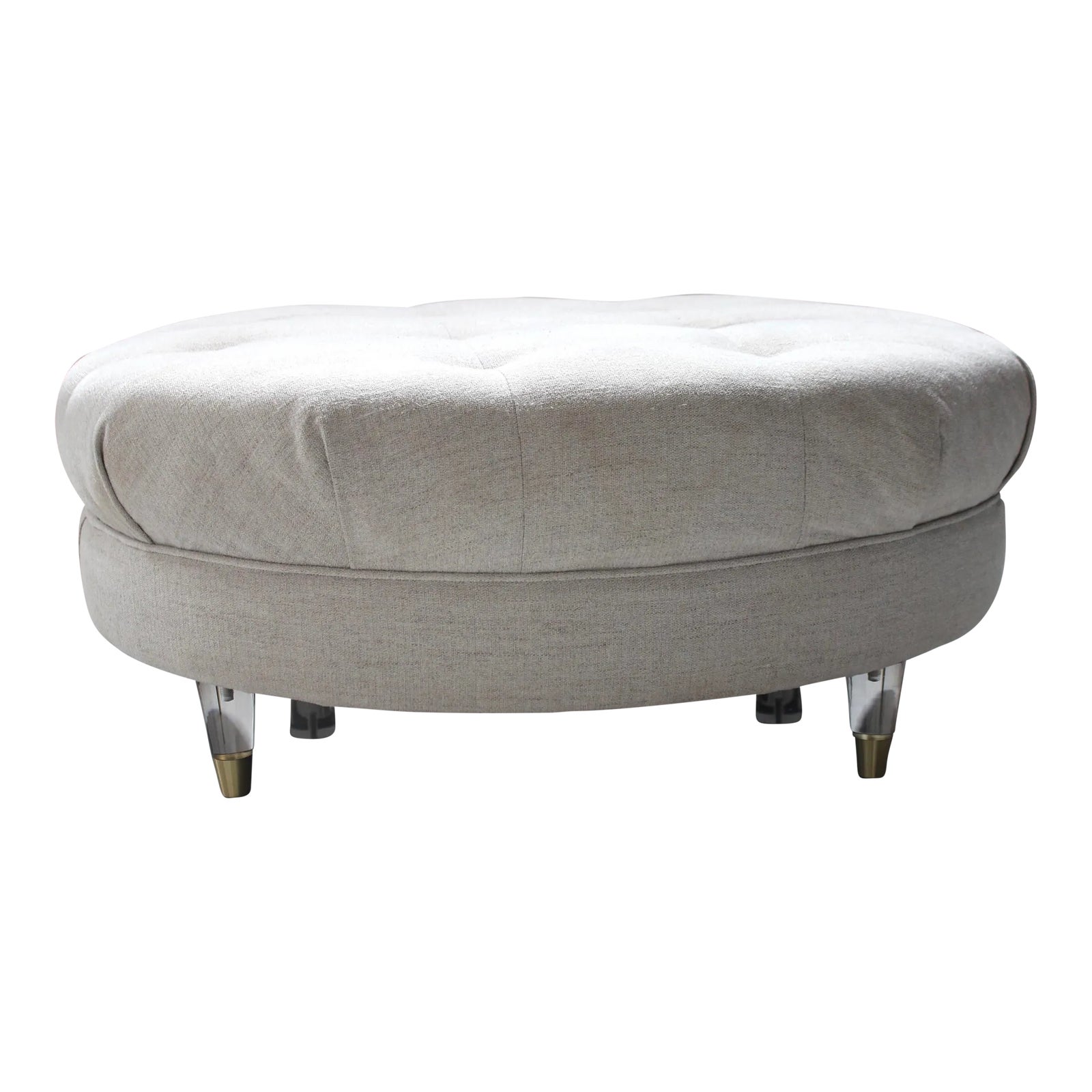 Contemporary Tufted Linen Ottoman Lucite & Brass Legs | Chairish