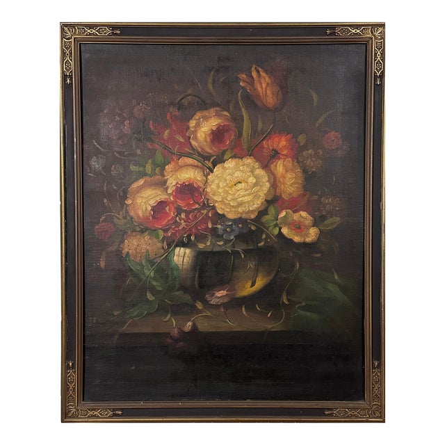 Antique Continental Dutch Style Still Life With Flowers, Framed (Oil on ...
