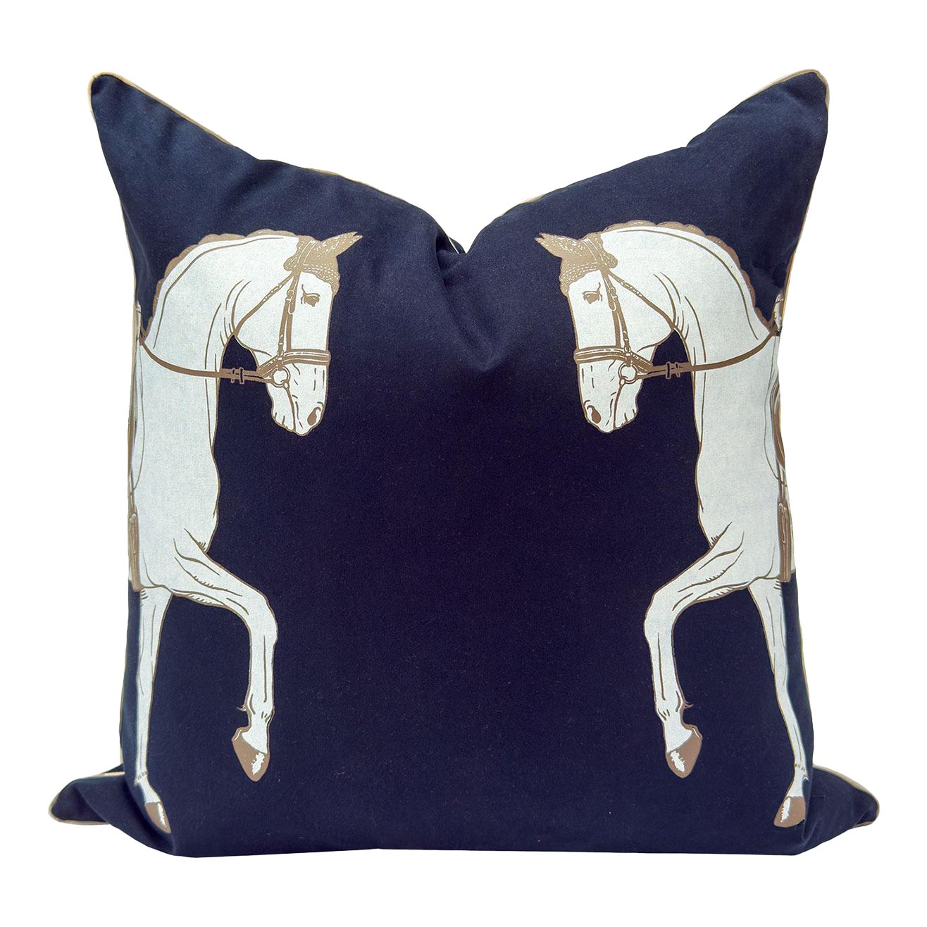 Marching Horses 20" Throw Pillow, Deep Navy Blue and Cream | Chairish