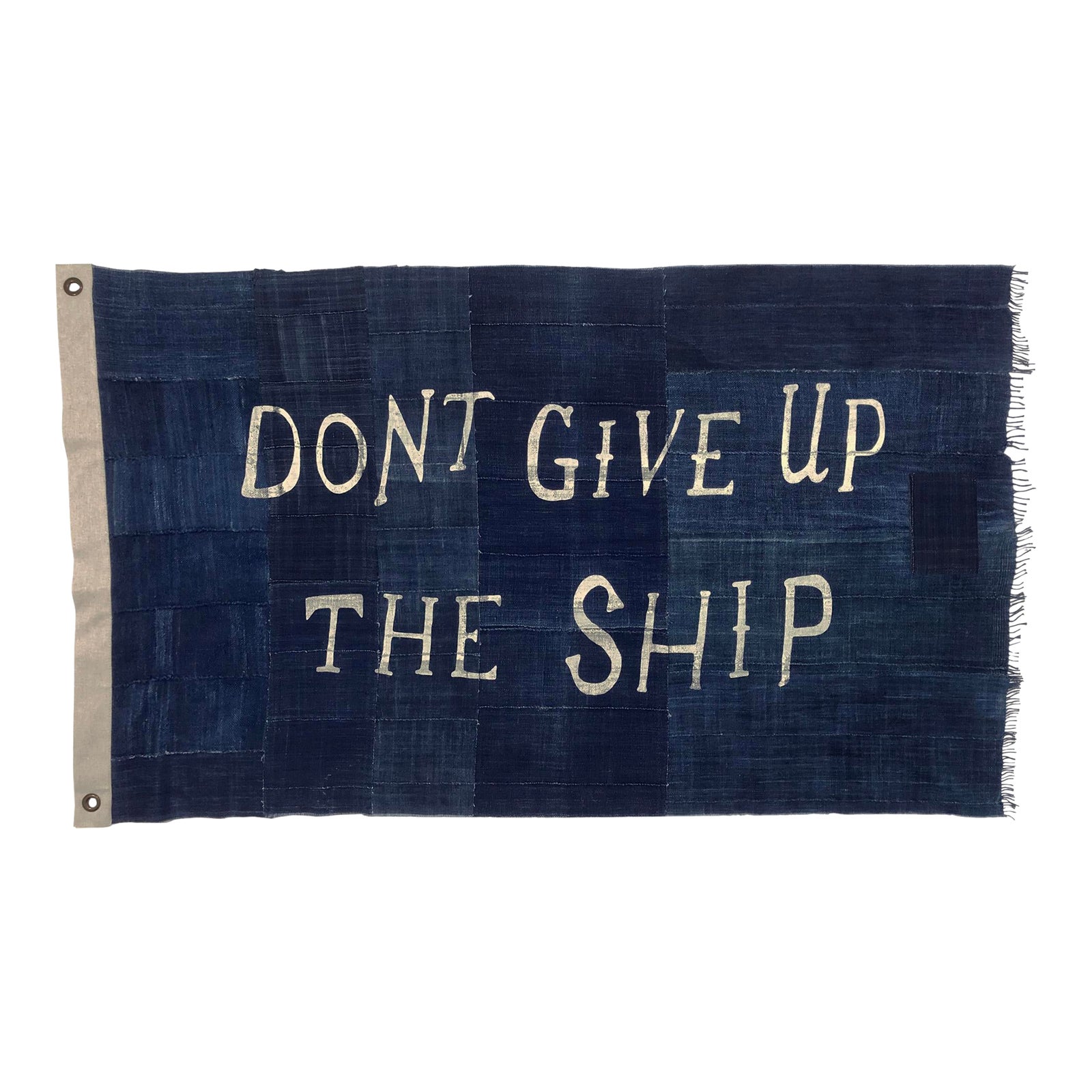 Large Patchwork Indigo Flag From Vintage Cotton, Don't Give Up the Ship ...