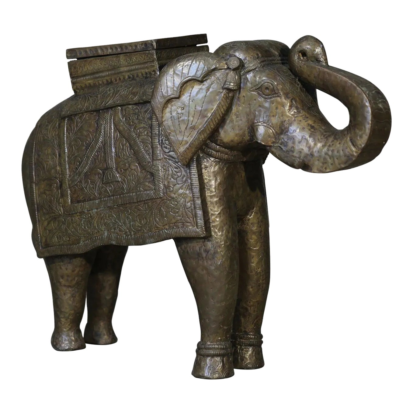 Vintage Hand Carved Solid Wood Elephant Statue With Brass Cladding ...