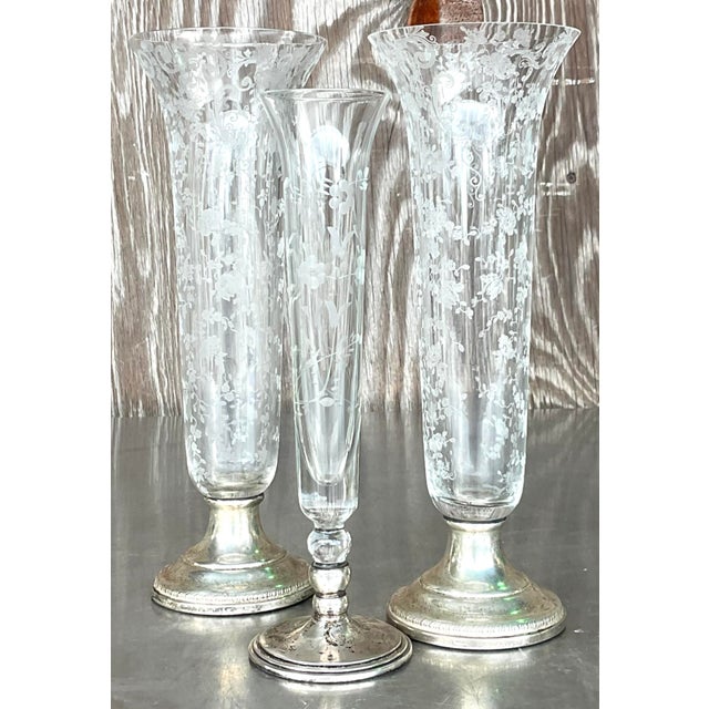 Vintage Regency Sterling Silver and Etched Glass Vases - Set of 3 ...