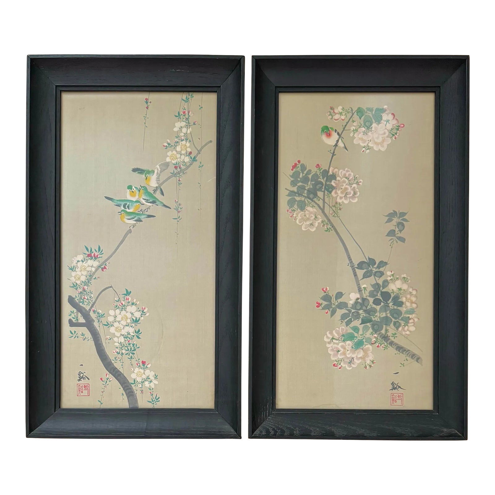 Framed Chinese Silk Bird and Botanicals Paintings, a Pair | Chairish
