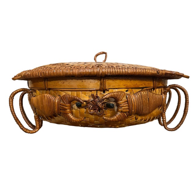 1970s Burnt Rattan Crab Box Basket | Chairish