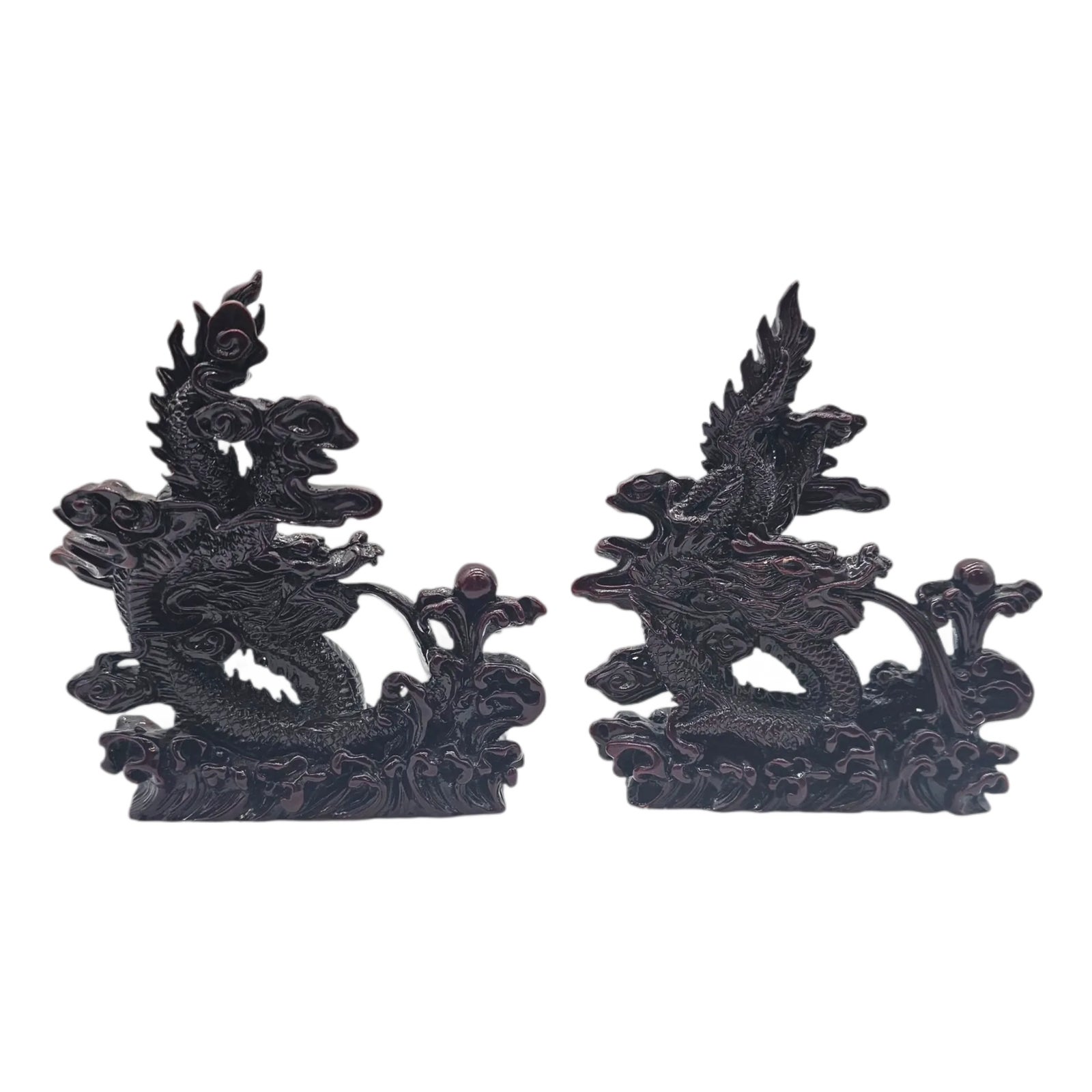 Pair of Vintage Chinese Red Resin Dragon Statues With Wood Look Finish ...
