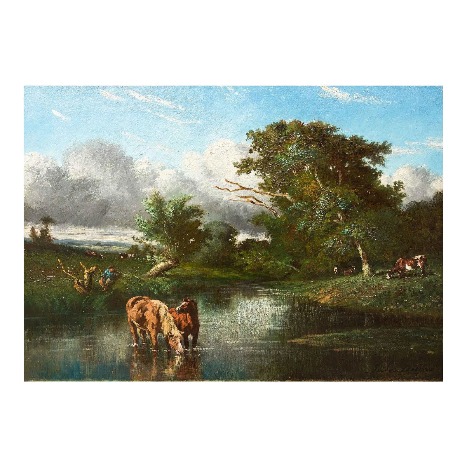 French Barbizon Pastoral Landscape Painting of Horses by Jules Dupré ...
