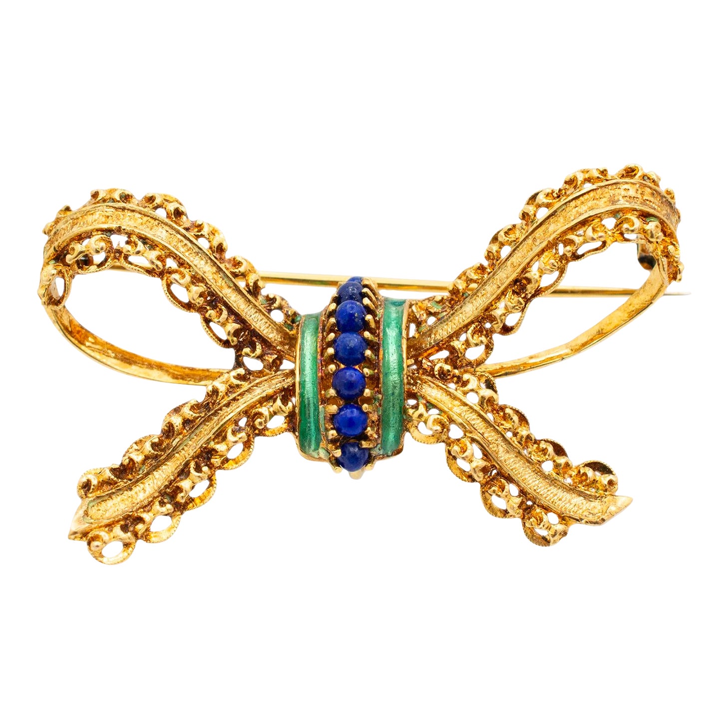 Vintage 18k Yellow Gold Textured Green Enamel Lapis Lazuli Bow Brooch ...
